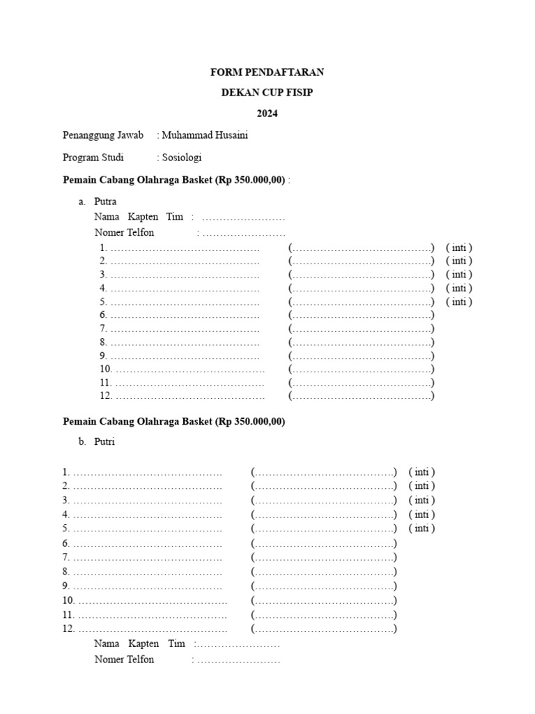 FORMULIR PENDAFTARAN DEKAN CUP FISIP 2024 SOS | PDF