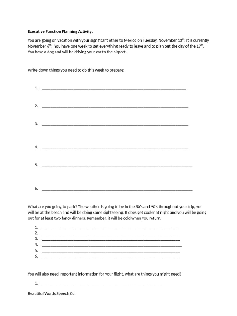 Executive Function Planning Activity:: TH TH TH | PDF