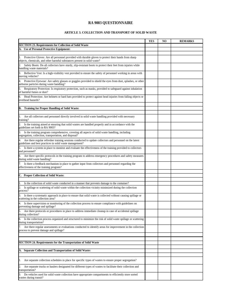 RA 9003 - SWM Questionnaire - Team 6 | PDF