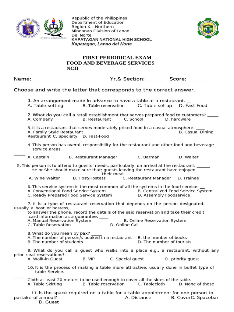 1st Quarter Exam in FBS | PDF