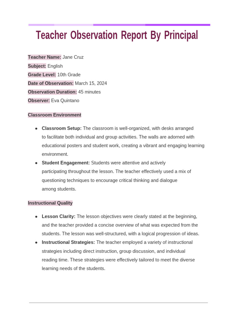 Teacher Observation Report by Principal | PDF