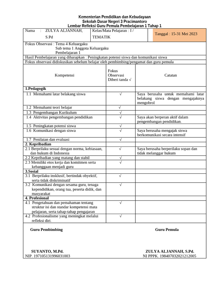 Lembar Refleksi Tahap 1 | PDF