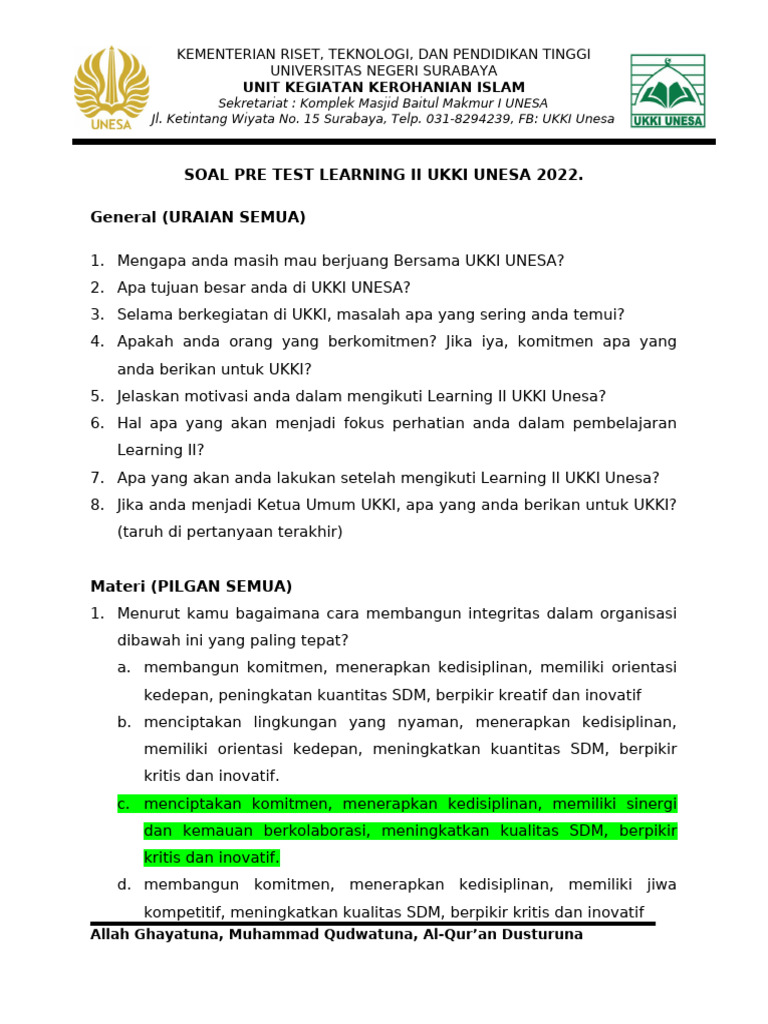 Soal Pre Test Dan Post Test LEARNING 2 2019 | PDF