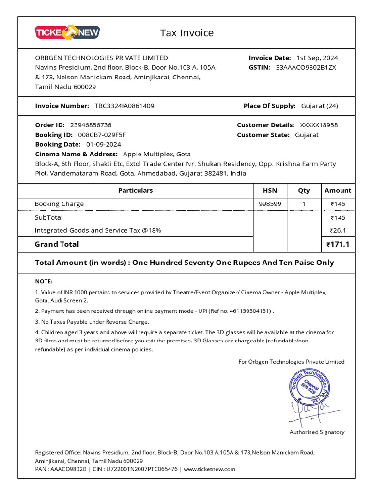 Charges Invoice - Order 23946856736 - Ticketnew | PDF