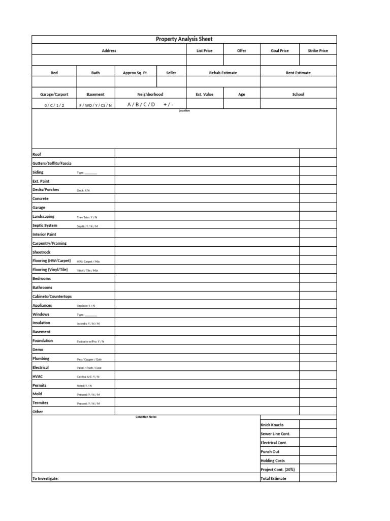 Property Analysis Form | PDF | Basement | Debt