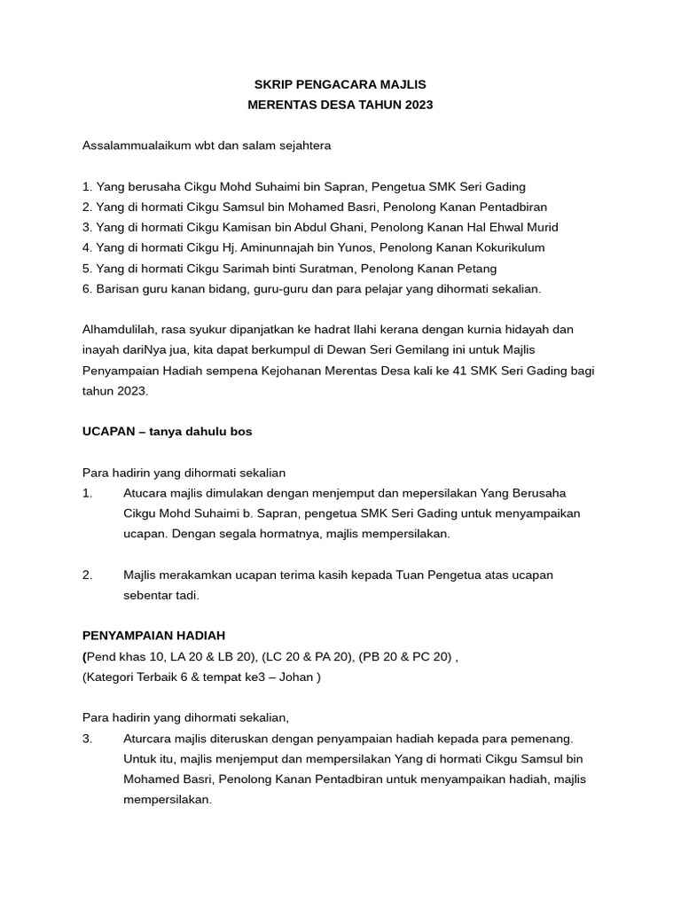 Skrip Pengacara Majlis Merentas Desa 2023 | PDF