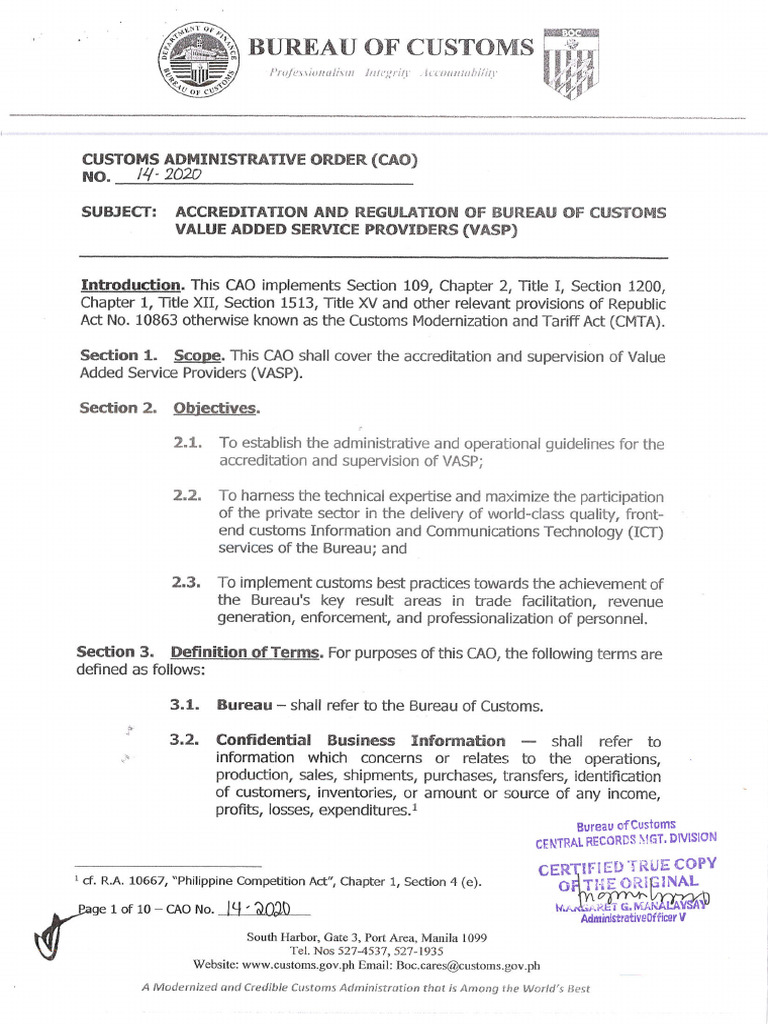 BoC Customs Administrative Order No 14 2020 | PDF