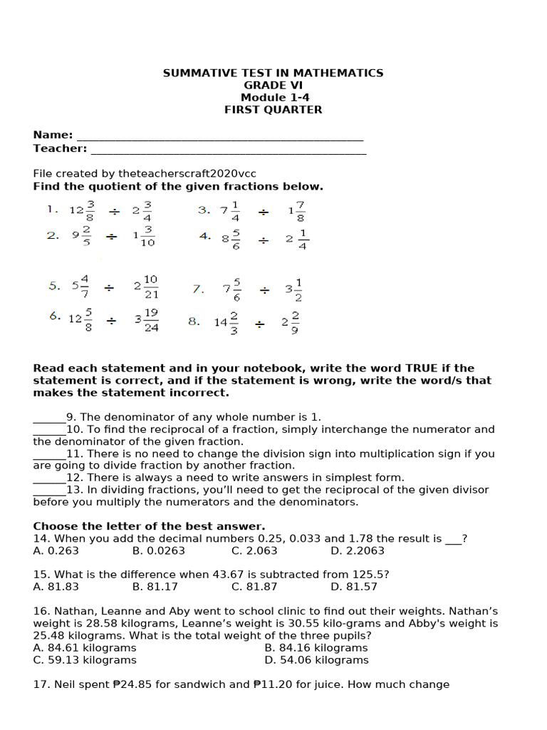 Summative Test 1 in Mathematics | PDF