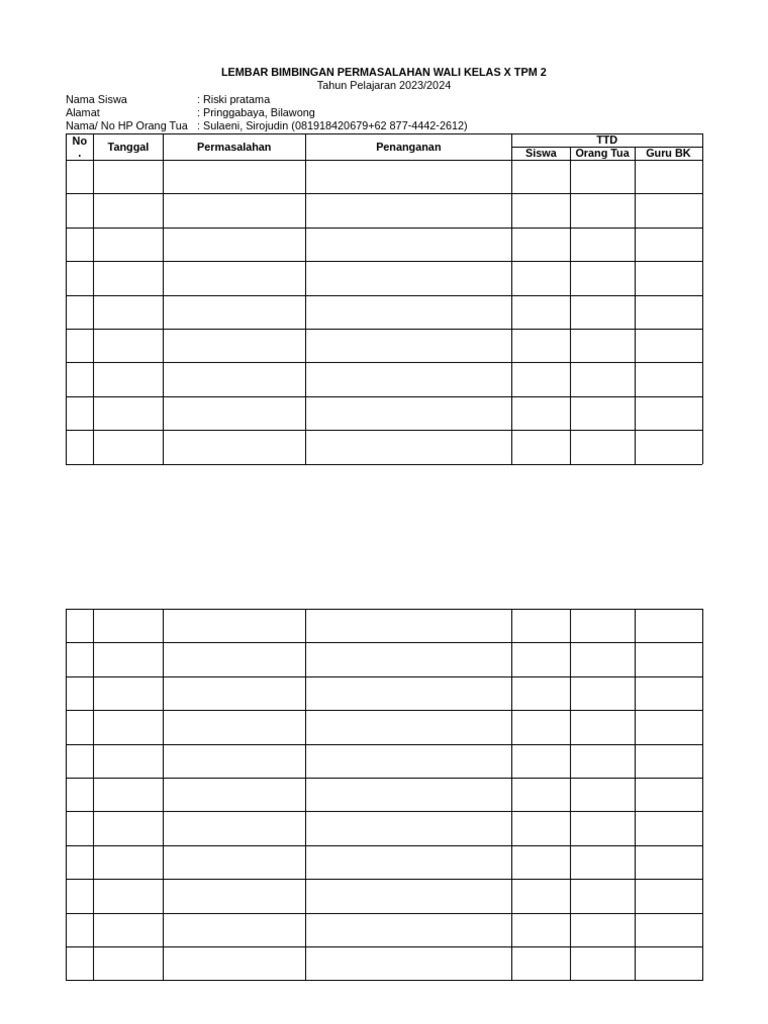 Lembar Bimbingan Permasalahan Wali Kelas X TPM 2 | PDF