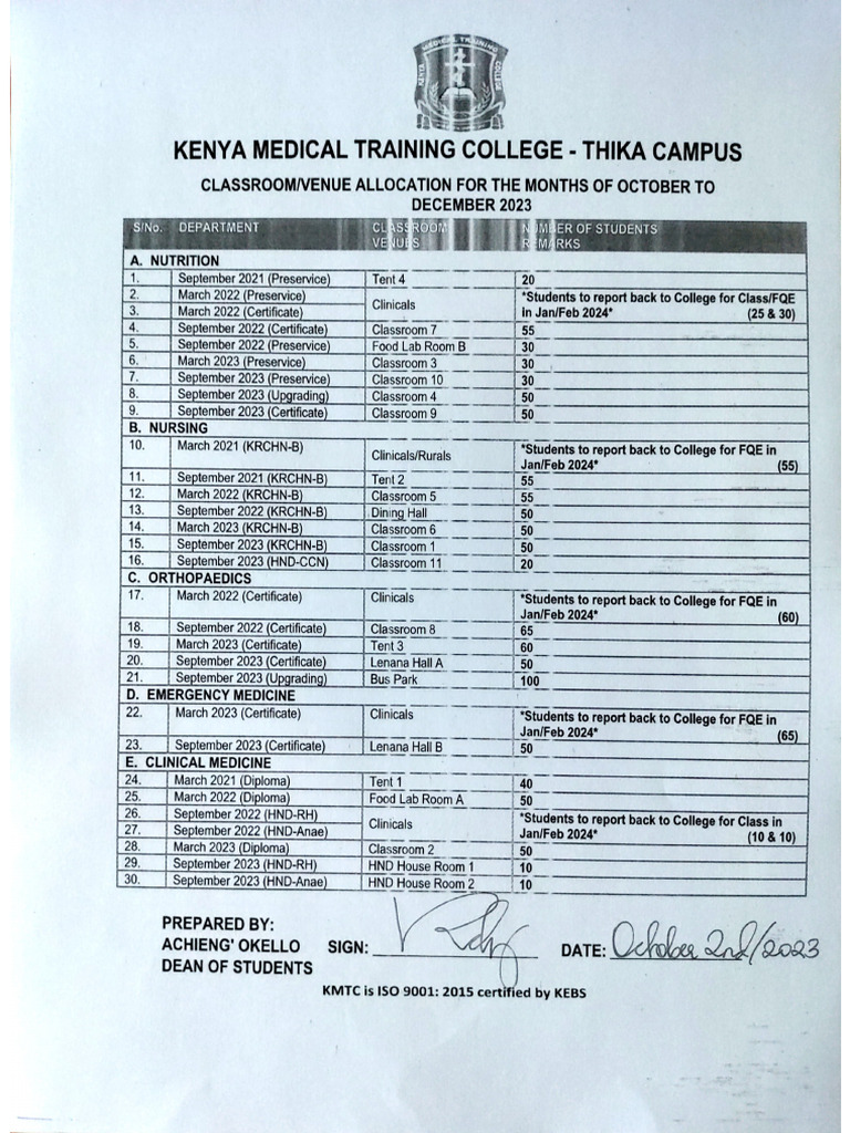 Classroom Allocation (October - December 2023) | PDF