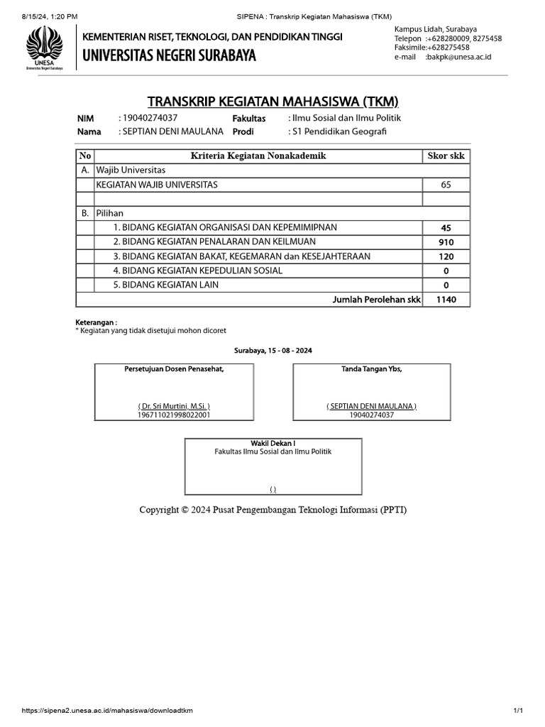 SIPENA - Transkrip Kegiatan Mahasiswa (TKM) - Septian | PDF