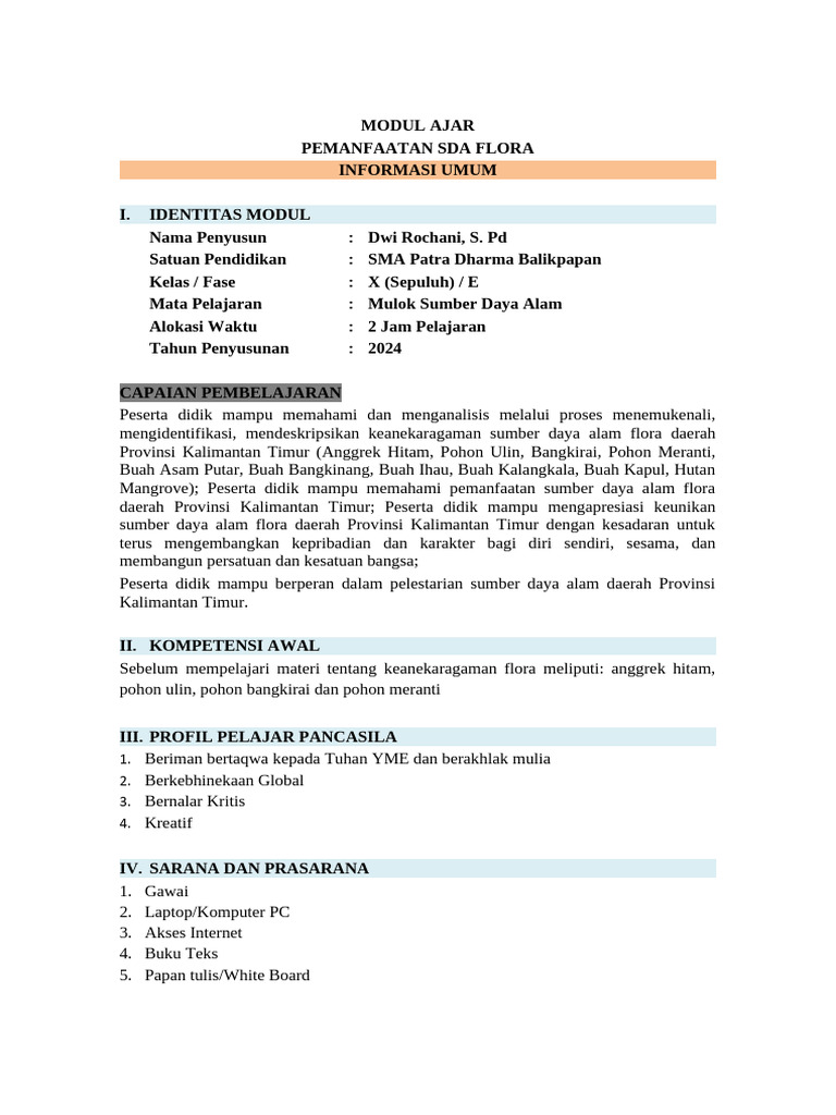 MODUL SDA MULOK PEMANFAATAN SDA FLORA PERTEMUAN 1 | PDF