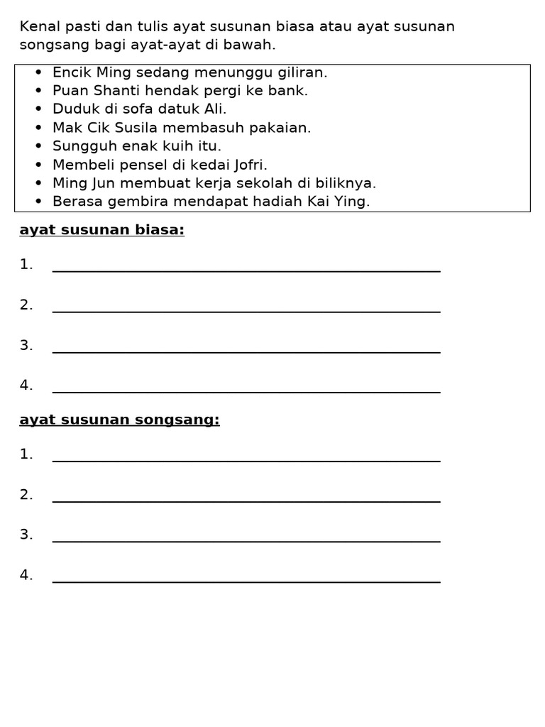 Ayat Susunan Biasa Dan Ayat Susunan Songsang - Latihan 2 | PDF