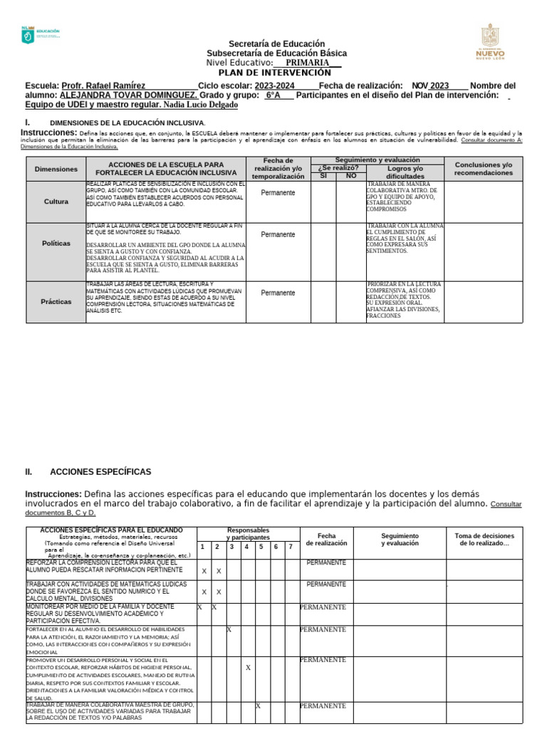 Documento 4. Informe Del Plan de Intervención. ALEJANDRA 23 | PDF | Aprendizaje | Evaluación