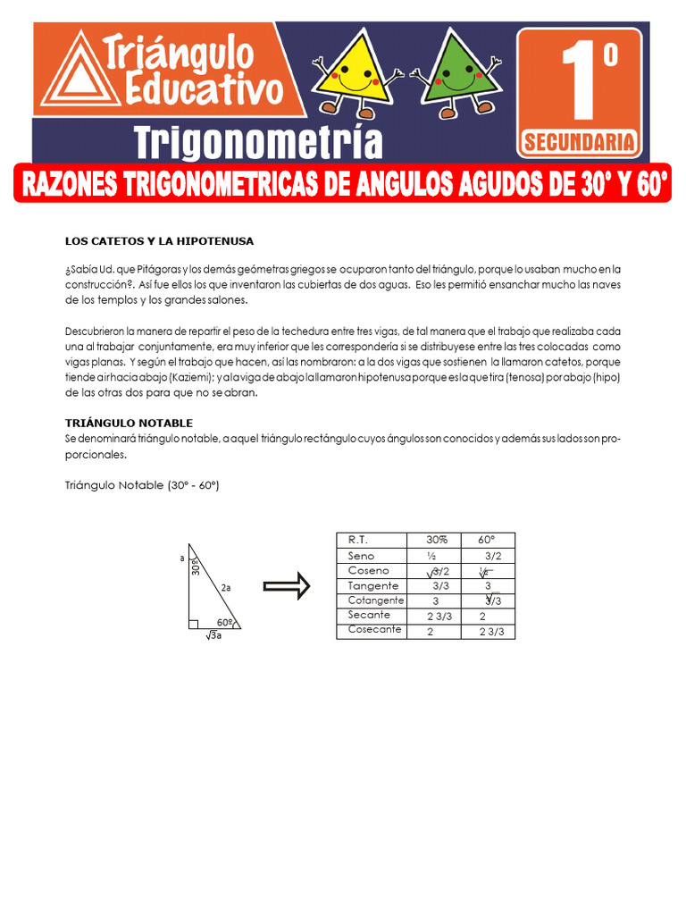 Razones Trigonometricas de Angulos Agudos de 30° y 60° para Primer ...