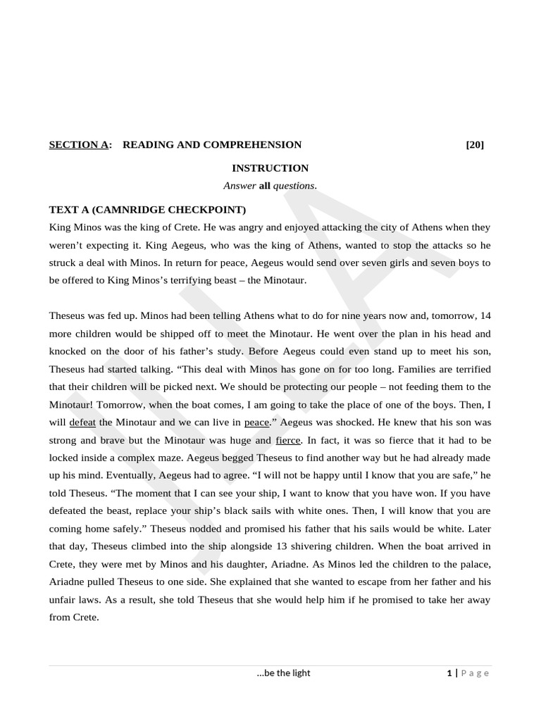 Year 10 English Entrance Assessment | PDF | Theseus | Minotaur