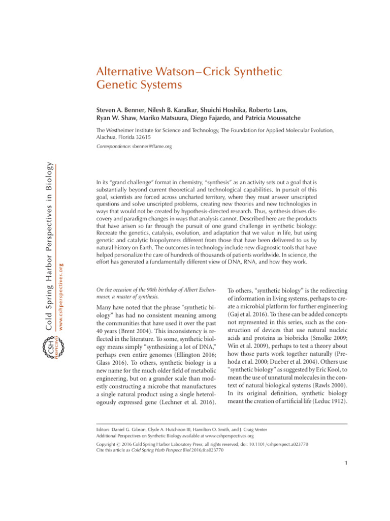 Alternative Watson-Crick Synthetic Genetic Systems | PDF