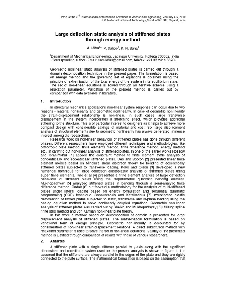 Large Deflection Static Analysis Of Stiffened Plates Through Energy Method Pdf Nonlinear