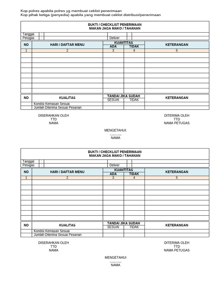 CTH Checlist Sederhana | PDF
