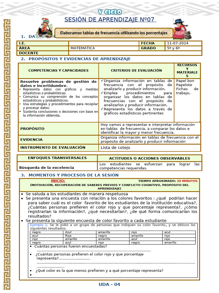 U5 SESION #15 MATEMATICA Elaboramos Tablas de Frecuencia Utilizando Loos Porcentajes | PDF