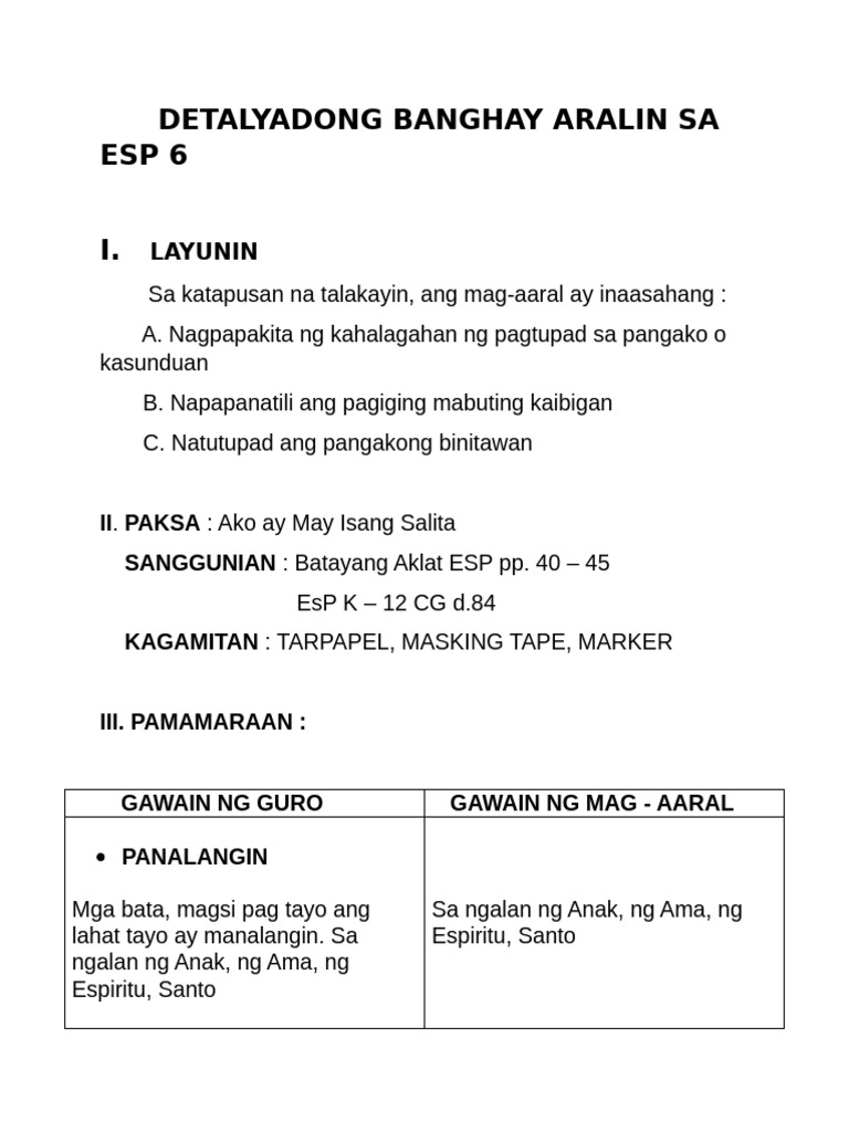 Banghay Aralin Sa Esp 6 | PDF | Wellness