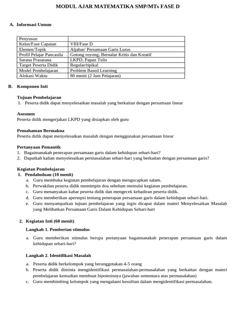 Modul Ajar Persamaan Linear | PDF