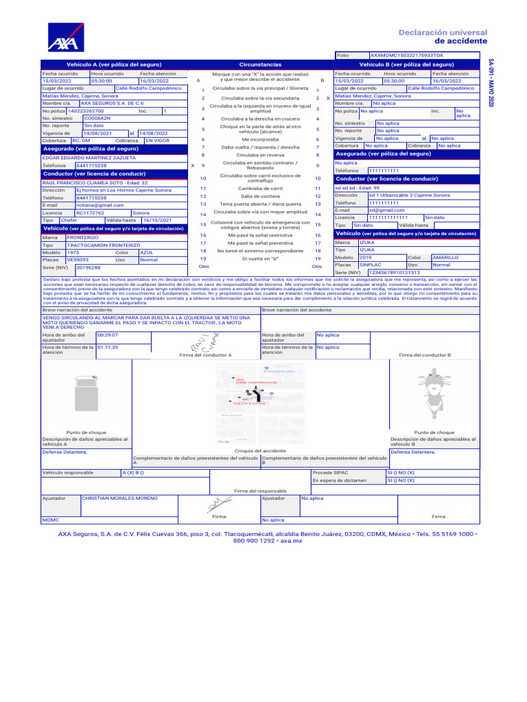 DUA AXA Declaracion Universal Del Accidente | PDF | Póliza de seguros ...