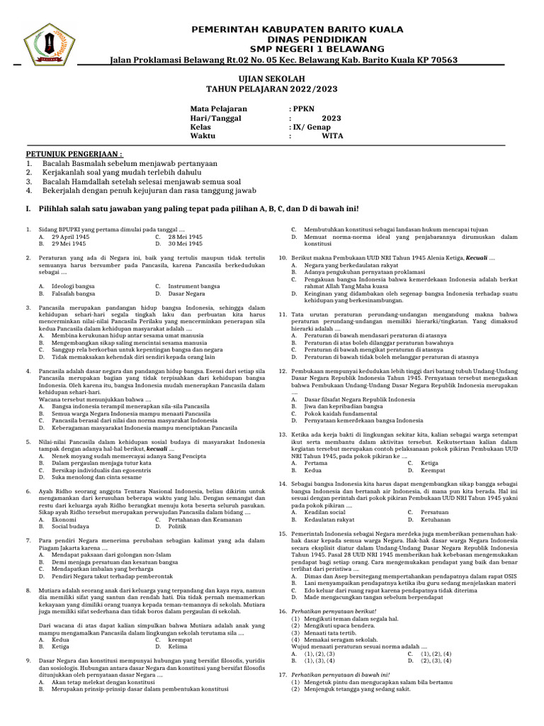 Soal US PKN 2023 | PDF