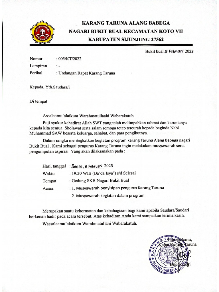 Undangan Rapat Karang Taruna | PDF