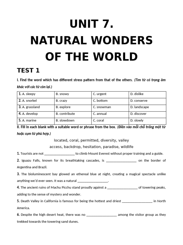 Đề Kiểm Tra UNIT 7. NATURAL WONDERS OF THE WORLD | PDF