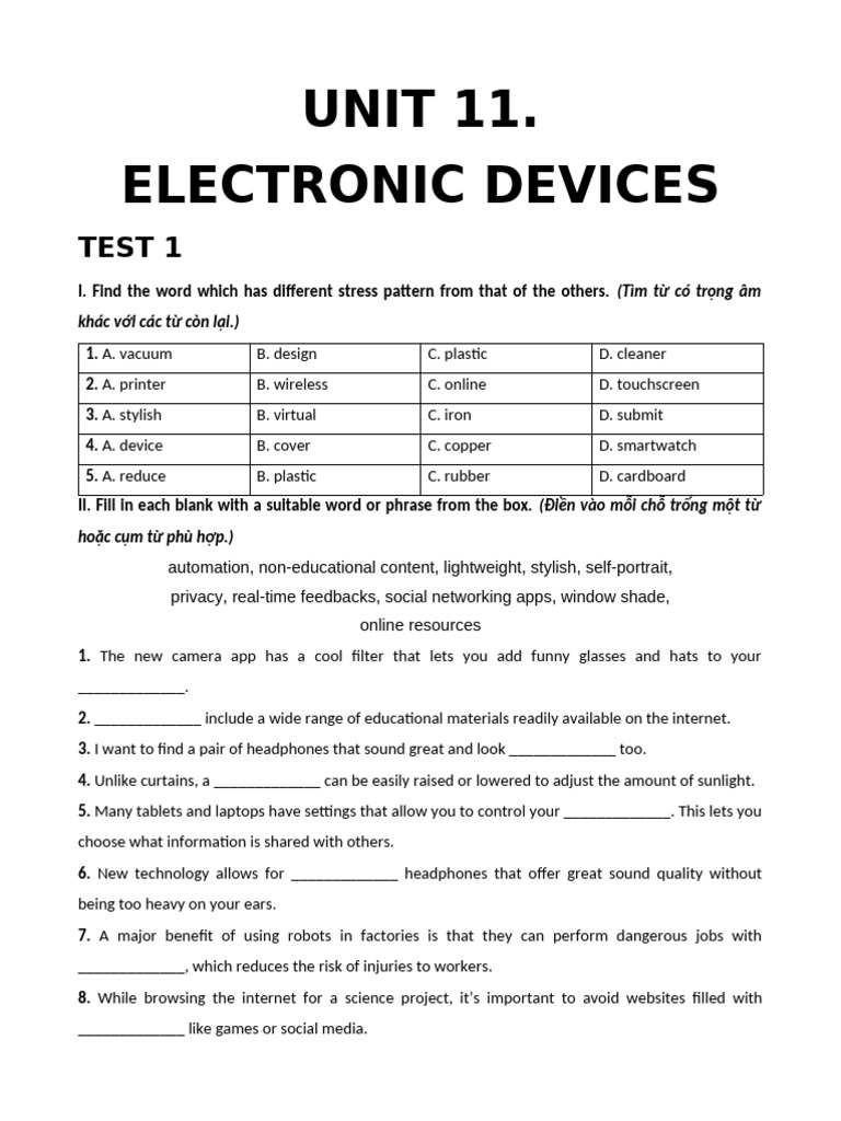 Đề Kiểm Tra UNIT 11. ELECTRONIC DEVICES | PDF