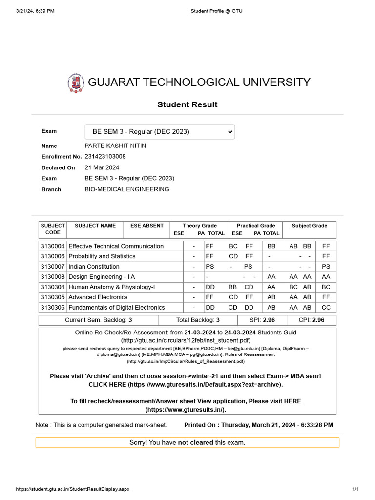 Student Profile SEM3 D2D at GTU | PDF