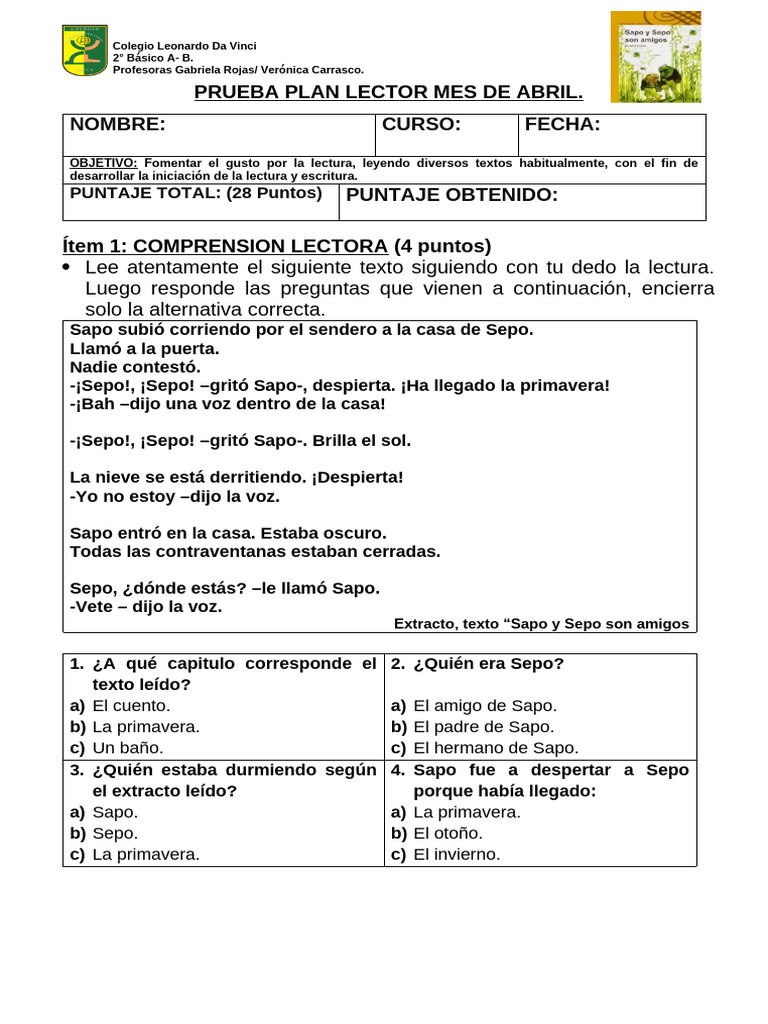 Prueba Plan Lector Mes de Abril Sapo y Sepo Son Amigos | PDF