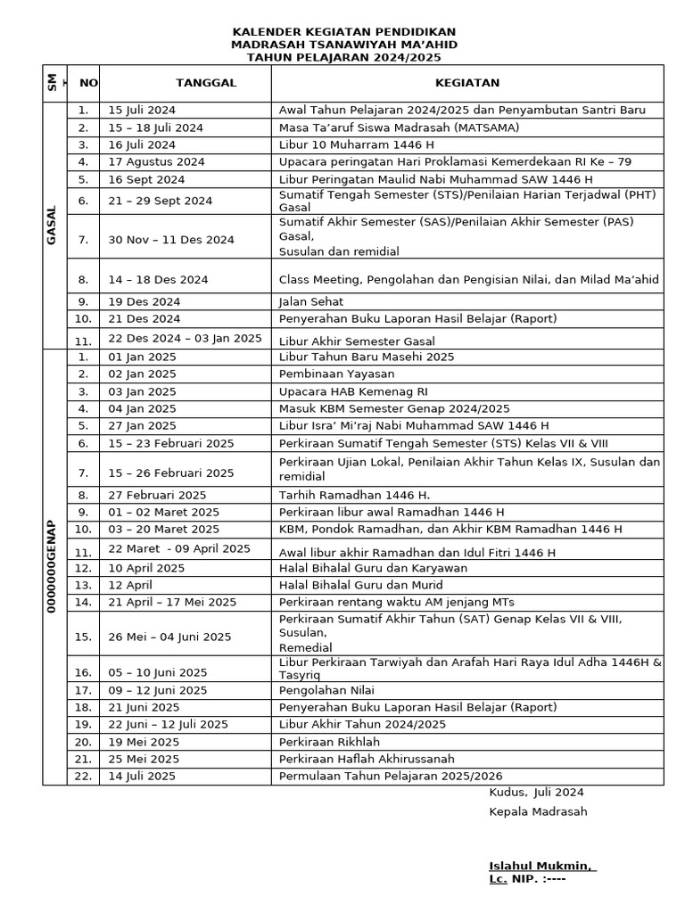 8. Kalender Kegiatan Pendidikan Tahun Pelajaran 2024-2025 | PDF
