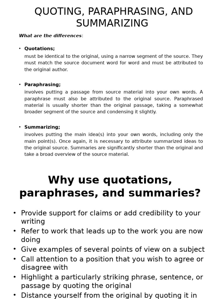 4th Meeting QUOTING, PARAPHRASING, AND SUMMARIZING | PDF