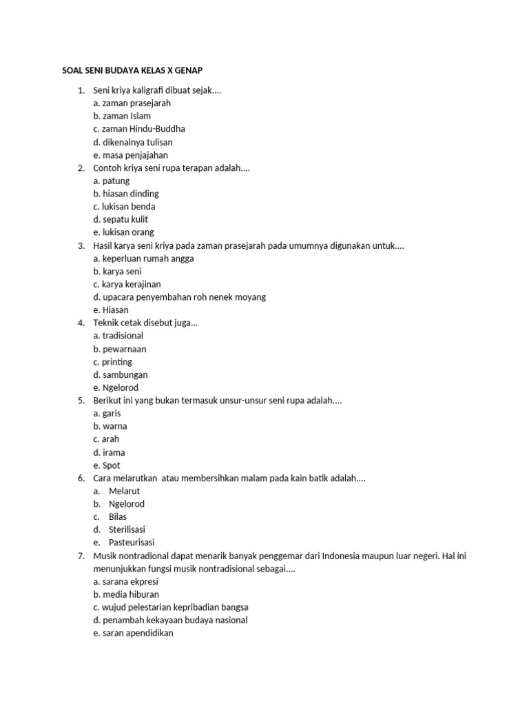 SOAL UAS SENI BUDAYA GENAP Kls X Dan Xi 22 | PDF