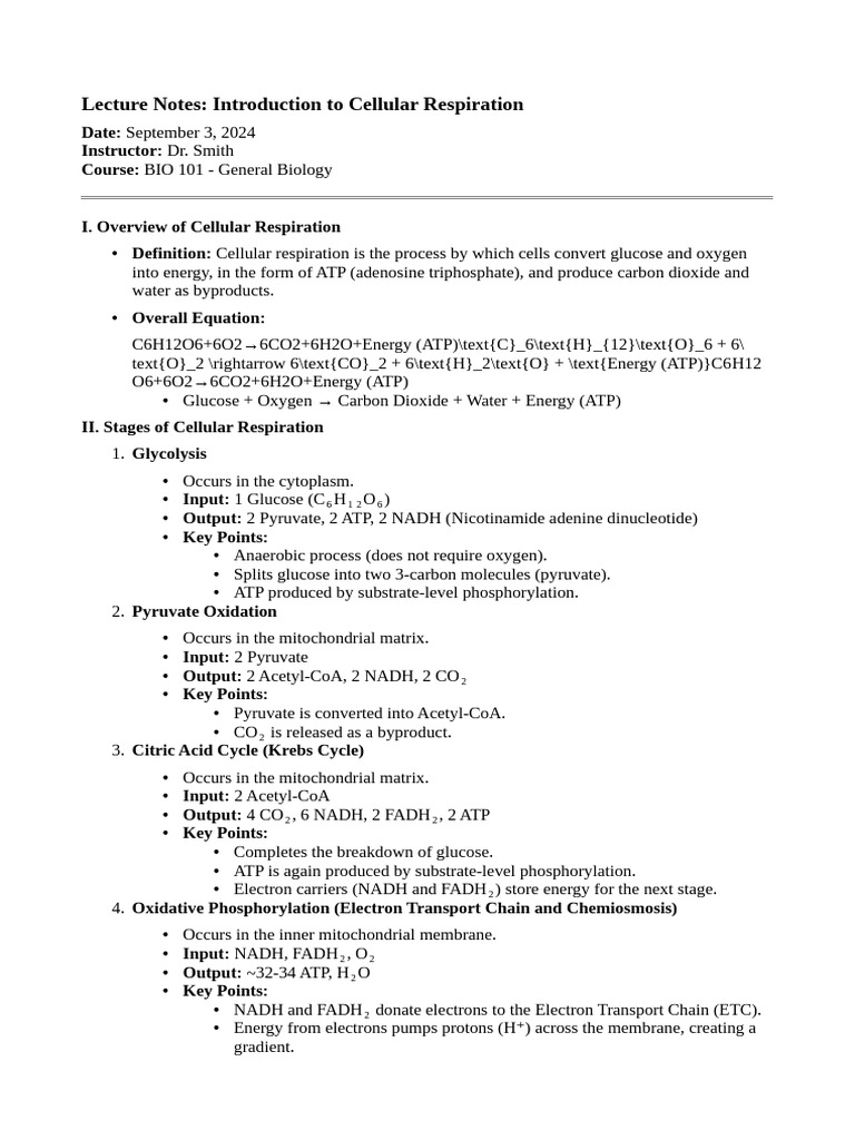 Lecture Notes Intro To Cellular Respiration | PDF | Cellular ...