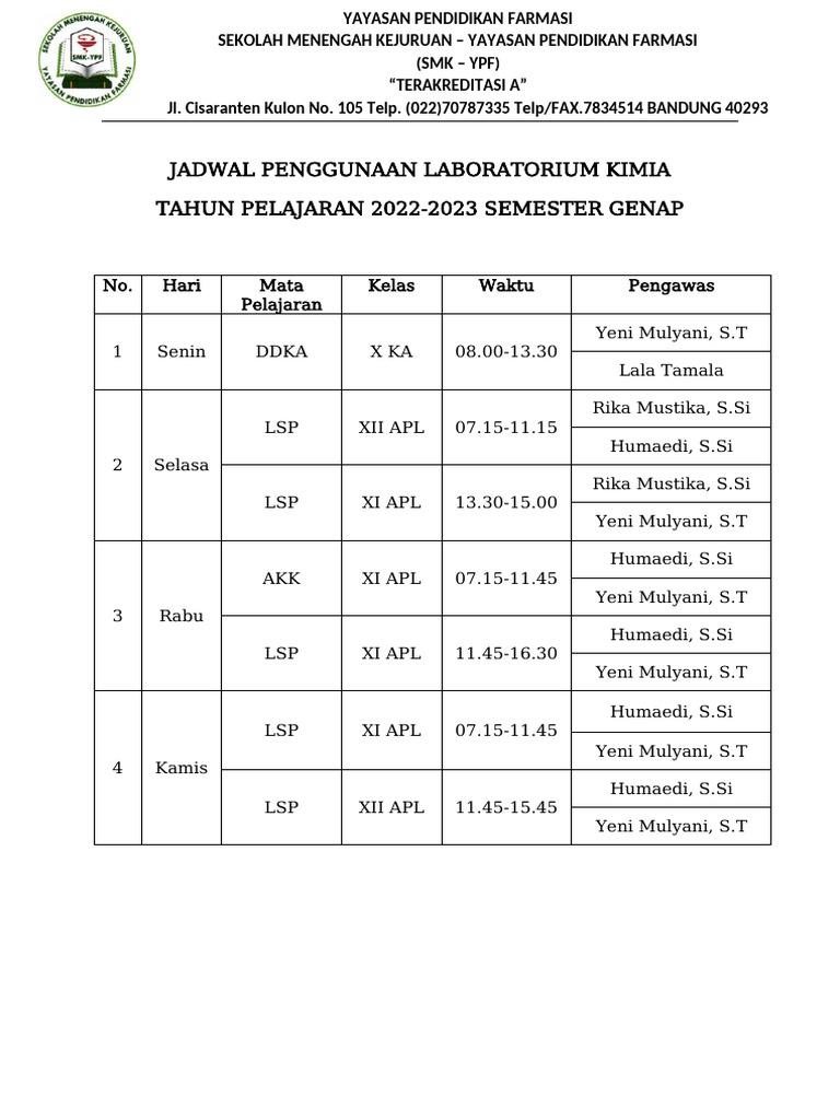 Jadwal Penggunaan Laboratorium | PDF