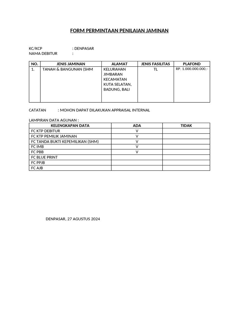 FORM PERMINTAAN PENILAIAN JAMINAN | PDF