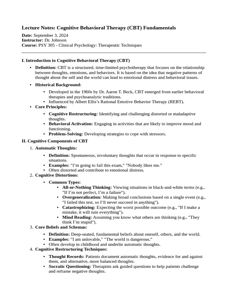 Notes From Lecture Cognitive Behavioral Therapy Fundamentals | PDF ...