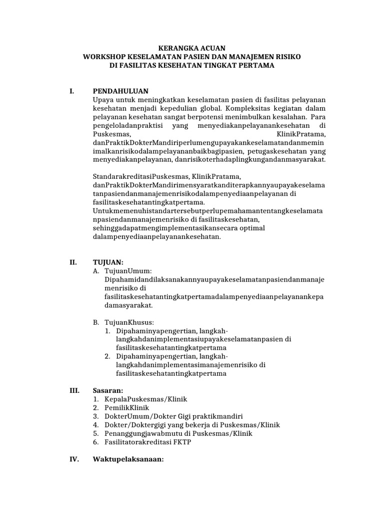KAK Workshop Keselamatan Pasien dan Manajemen Resiko | PDF