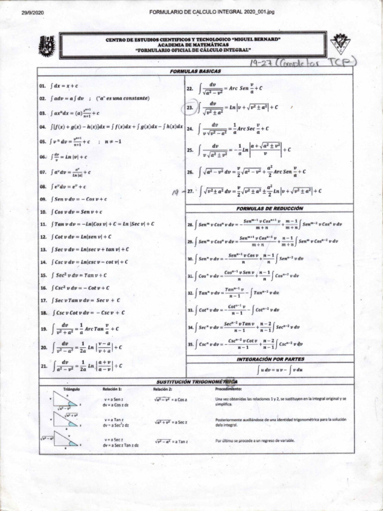 FORMULARIO_CALCULO INTEGRAL | PDF