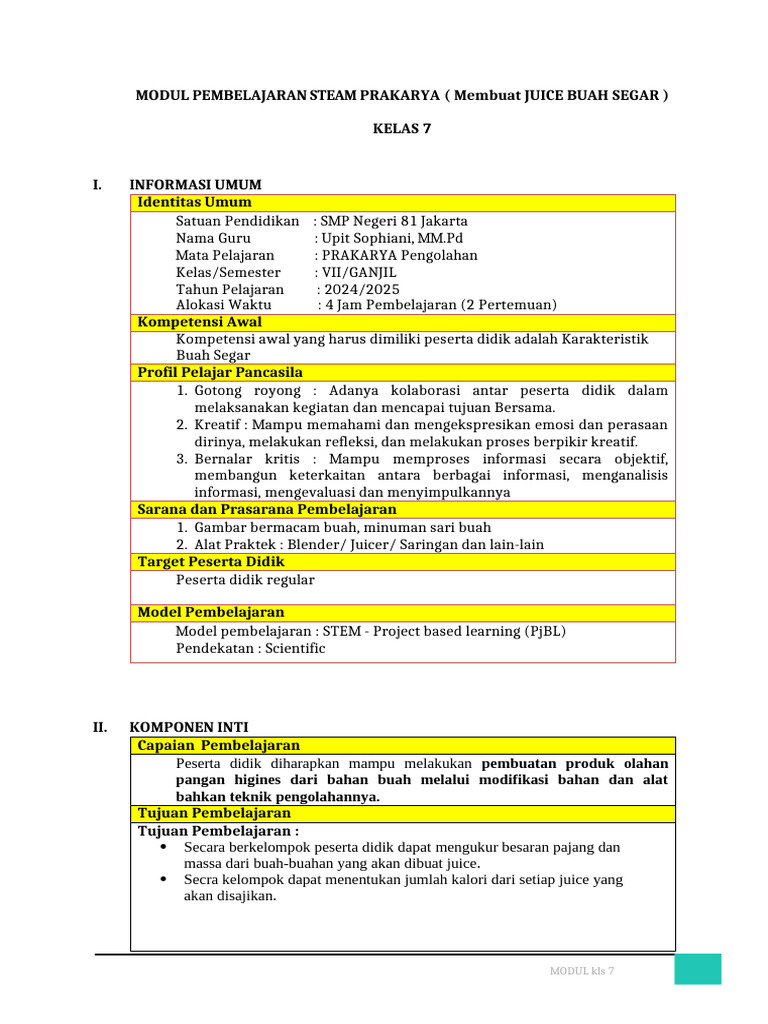 Modul Ajar Ipa k7 PJBL Stem Juice Buah (Repaired) | PDF