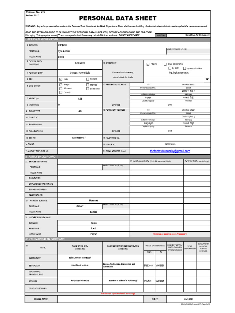 CS Form No. 212 Personal Data Sheet Revised | PDF