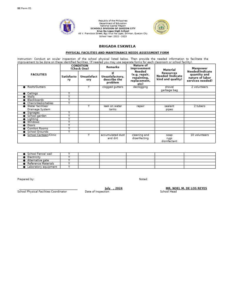 BE Form - 1 PHYSICAL FACILITIES AND MAINTENANCE NEEDS ASSESSMENT KRUS ...