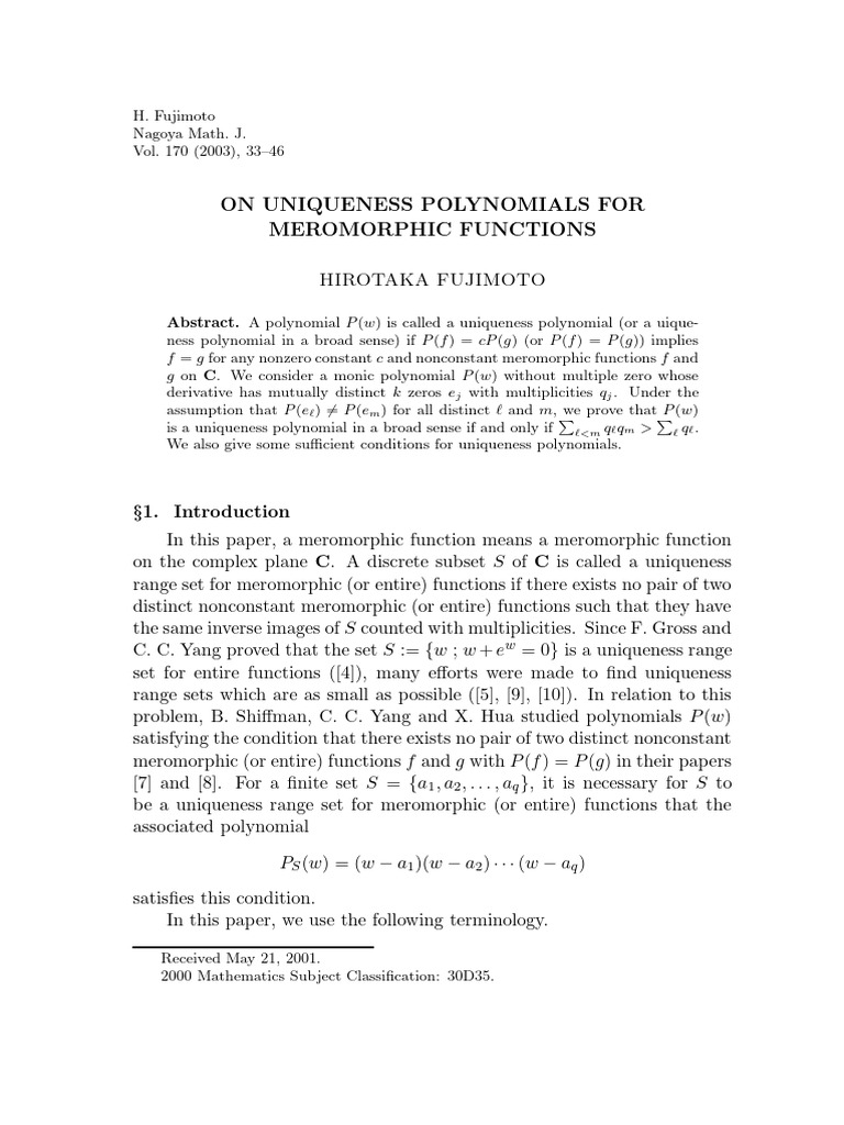On Uniqueness Polynomials For Meromorphic Functions: Hirotaka Fujimoto | PDF