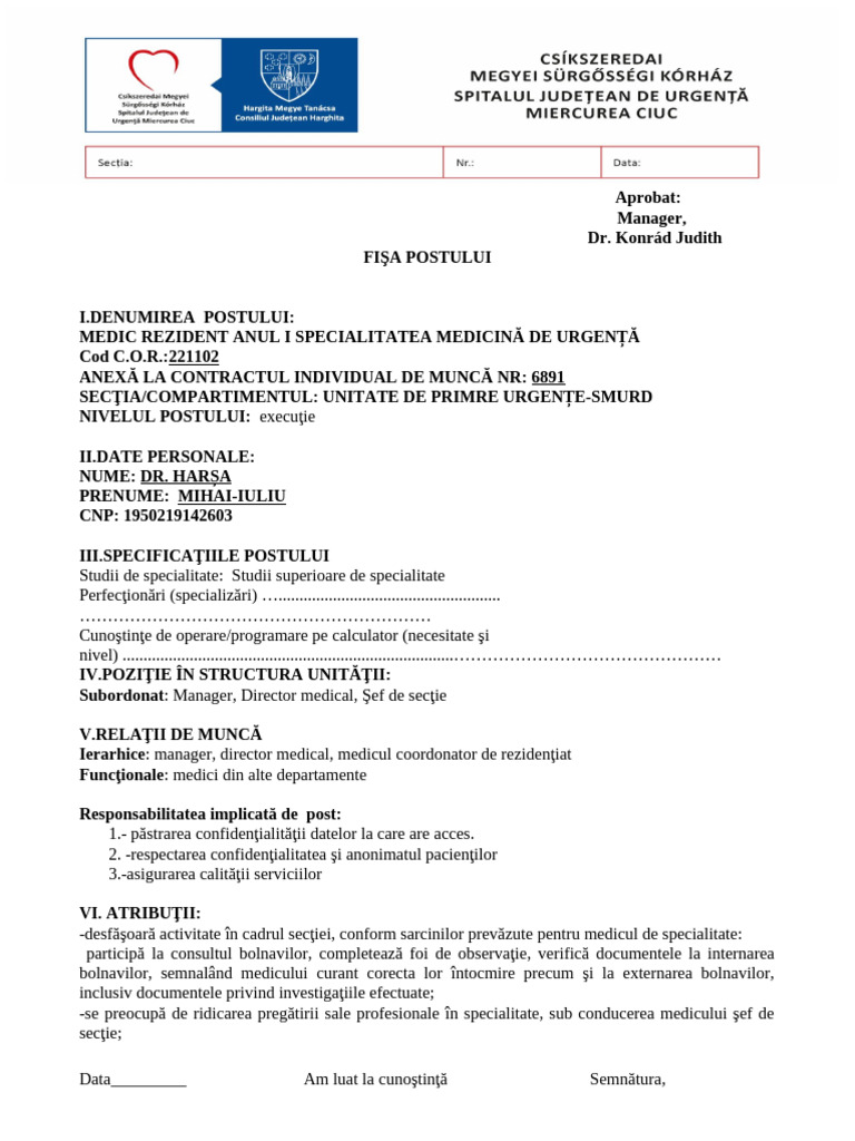 Fisa Post Medic Rezident Neurochirurgie | PDF