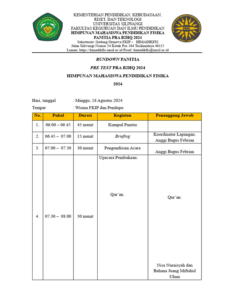 Rundown Panitia Pre Test Pra B2hq 2024 Pdf