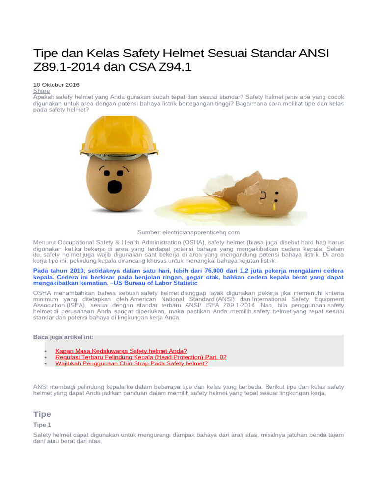Tipe Dan Kelas Safety Helmet Sesuai Standar ANSI Z89 | PDF