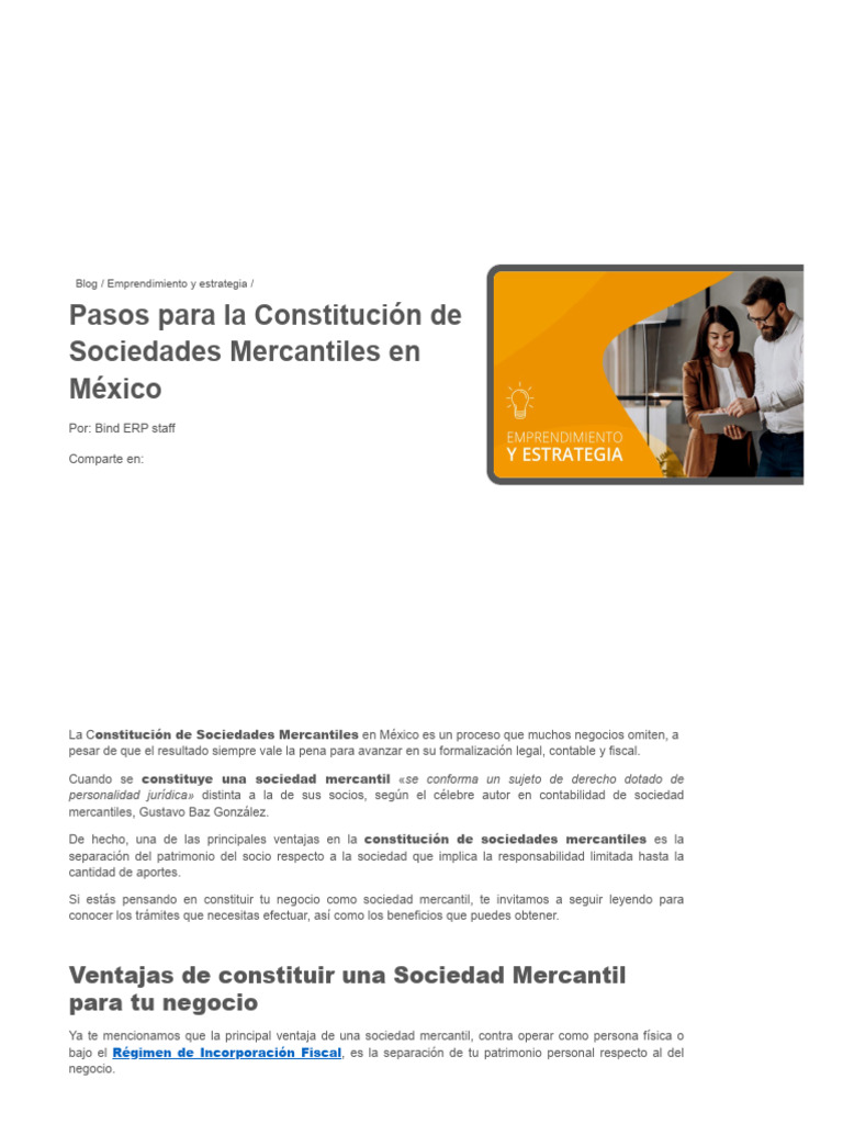 Pasos para La Constitución de Sociedades Mercantiles en México - Bind ERP | PDF | Sociedad de ...